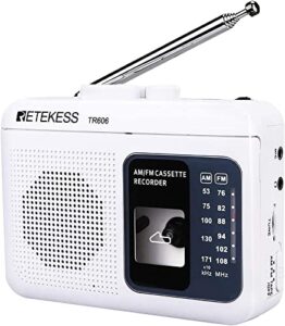 retekess tr606 tape recorder cassette player, am fm cassette players walkman, supports voice/aux line in record, powered by dc or aa battery (white)