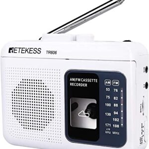 Retekess TR606 Tape Recorder Cassette Player, AM FM Cassette Players Walkman, Supports Voice/AUX Line in Record, Powered by DC or AA Battery (White)