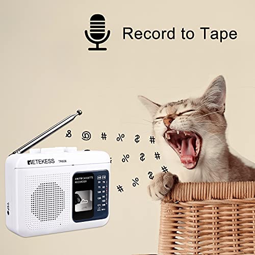 Retekess TR606 Tape Recorder Cassette Player, AM FM Cassette Players Walkman, Supports Voice/AUX Line in Record, Powered by DC or AA Battery (White)