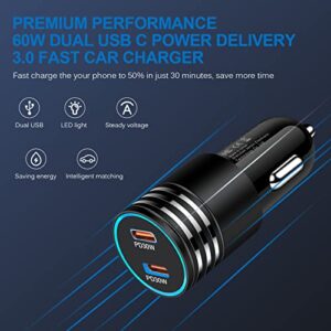 USB C Fast Car Charger for Samsung Galaxy S23/S23 Ultra/S23+/S22 Ultra/S22+/S21 FE S20 Z Flip 4 A53 A03S A13 A12 A32,Google Pixel 7 6 Pro 6a 5a 5 4 3a XL,60W 2-Port Type C Car Adapter+USB C to C Cable