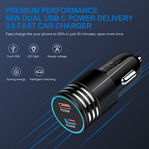 USB C Fast Car Charger for Samsung Galaxy S23/S23 Ultra/S23+/S22 Ultra/S22+/S21 FE S20 Z Flip 4 A53 A03S A13 A12 A32,Google Pixel 7 6 Pro 6a 5a 5 4 3a XL,60W 2-Port Type C Car Adapter+USB C to C Cable