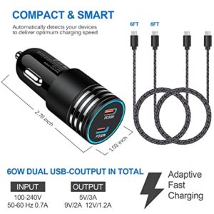 USB C Fast Car Charger for Samsung Galaxy S23/S23 Ultra/S23+/S22 Ultra/S22+/S21 FE S20 Z Flip 4 A53 A03S A13 A12 A32,Google Pixel 7 6 Pro 6a 5a 5 4 3a XL,60W 2-Port Type C Car Adapter+USB C to C Cable