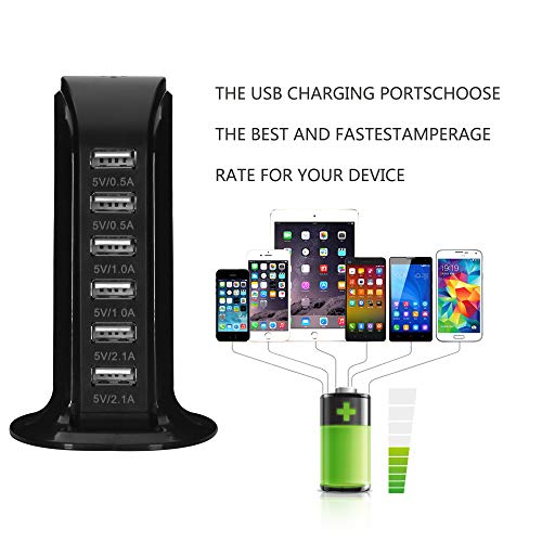 6-Port USB Wall Charger Desktop Charging Station Quick Charge 2.1,Compatible with lphone 13, 12, 11, XS, XR, X, SE, 8, 7, Ipads, Samsung Galaxy, Tablets and Other Electronics(Black)