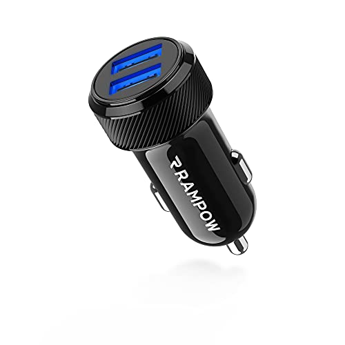 RAMPOW Car Charger 24W/12V 4.8A Dual Cigarette Lighter USB Adapter with Blue LED for iPhone 14/13/12/11/X/8/7/6/5/SE, iPad Pro/Air 2/Mini,Samsung Galaxy S9/S8/S7, Motorola, LG, HTC,Tablet & More-Black