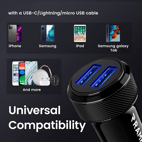 RAMPOW Car Charger 24W/12V 4.8A Dual Cigarette Lighter USB Adapter with Blue LED for iPhone 14/13/12/11/X/8/7/6/5/SE, iPad Pro/Air 2/Mini,Samsung Galaxy S9/S8/S7, Motorola, LG, HTC,Tablet & More-Black