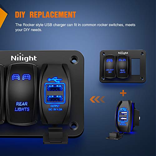 Nilight Dual USB Charger 4.2A Rocker Switch Style USB Charger 12V/24V Fast Charge Socket Waterproof Quick Charger for Cars Boats Trucks RVs,2 Years Warranty