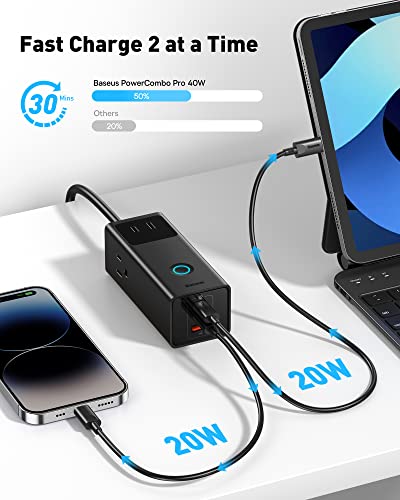 USB C Charger, Baseus PowerCombo Pro 40W, Surge Protector Power Strip, 6-in-1 USB C Charging Station with 3 Outlets, 2 USB-C Ports, USB Port, for Nightstand, Travel, TV Cabinet, and End Table