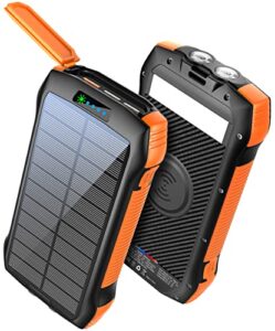 solar power bank, moskiz portable charger 33500mah qc3.0 18w pd 20w fast charging, portable phone charger with 10w wireless 5 outputs ip67 waterproof 6w bright flashlight for iphone samsung etc.