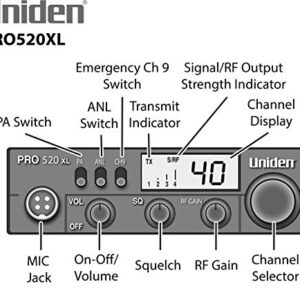 Uniden PRO520XL Pro Series 40-Channel CB Radio. Compact Design. ANL Switch and PA/CB Switch. 7 Watts of Audio Output and Instant Emergency Channel 9. - Black