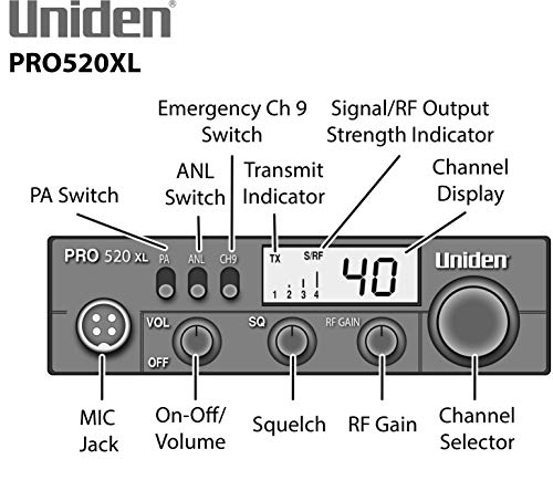 Uniden PRO520XL Pro Series 40-Channel CB Radio. Compact Design. ANL Switch and PA/CB Switch. 7 Watts of Audio Output and Instant Emergency Channel 9. - Black