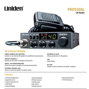 Uniden PRO520XL Pro Series 40-Channel CB Radio. Compact Design. ANL Switch and PA/CB Switch. 7 Watts of Audio Output and Instant Emergency Channel 9. - Black