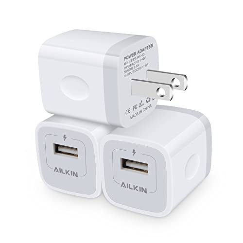 USB Charger, iPhone Wall Charger Block, AILKIN 3Pack Single Port iPhone Fast Charging Power Adapter Plug Cube Compatible with iPhone 14 13 12 Pro Mini Max 11 XR, Samsung Galaxy S23 S22 S21 A52, Google