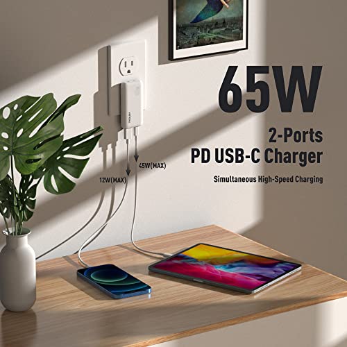 TREBLEET Ultra Thin 65W USB C Charger, Foldable for Travel, Flat Dual Port with PD 3.0 & GaN Tech for Laptops, MacBook, iPad Pro, iPhone 13/13 Pro, iPad Pro,S22, Galaxy Book, LG Gram, XPS, Pixel