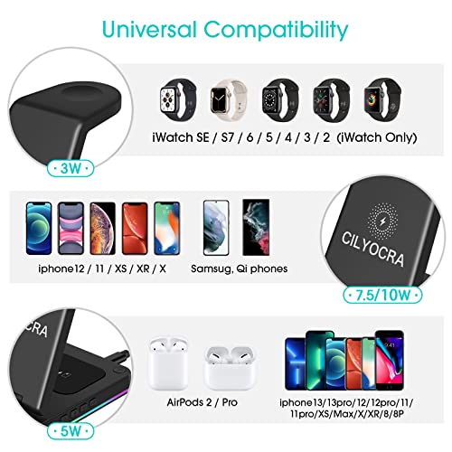 CILYOCRA 5 in 1 Wireless Charger,15W Fast Charging Station with Alarm Clock and Night Light,Compatible with iPhone 14/13/12/12 Pro Max/11 Series/XS Max/XR/XS/X/8/8 Plus/Samsung Galaxy