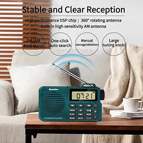 Rysamton Portable AM/FM Radio, Digital Radio Recorder, Bluetooth 5.0 Radio Speaker, Alarm and Sleep Function, 12/24H Time Display with Large Digital Display