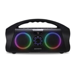 aiwa portable boombox – waterproof bluetooth speaker, rechargeable wireless boombox with multi color led lighting and digital display, aux input and carry handle, 15 hour playtime