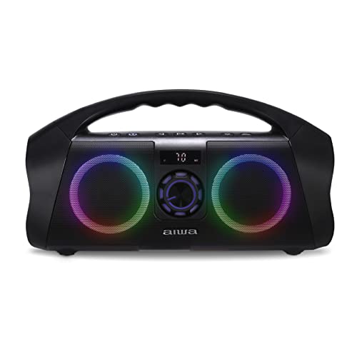 AIWA Portable Boombox - Waterproof Bluetooth Speaker, Rechargeable Wireless Boombox with Multi Color LED Lighting and Digital Display, AUX Input and Carry Handle, 15 Hour Playtime