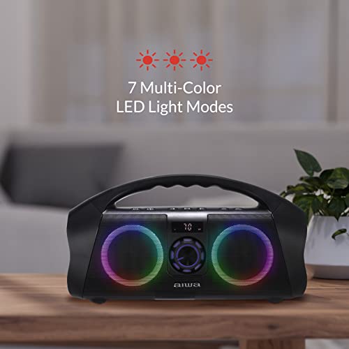 AIWA Portable Boombox - Waterproof Bluetooth Speaker, Rechargeable Wireless Boombox with Multi Color LED Lighting and Digital Display, AUX Input and Carry Handle, 15 Hour Playtime