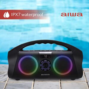 AIWA Portable Boombox - Waterproof Bluetooth Speaker, Rechargeable Wireless Boombox with Multi Color LED Lighting and Digital Display, AUX Input and Carry Handle, 15 Hour Playtime