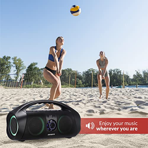 AIWA Portable Boombox - Waterproof Bluetooth Speaker, Rechargeable Wireless Boombox with Multi Color LED Lighting and Digital Display, AUX Input and Carry Handle, 15 Hour Playtime