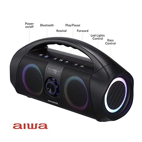 AIWA Portable Boombox - Waterproof Bluetooth Speaker, Rechargeable Wireless Boombox with Multi Color LED Lighting and Digital Display, AUX Input and Carry Handle, 15 Hour Playtime