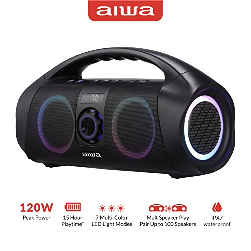 AIWA Portable Boombox - Waterproof Bluetooth Speaker, Rechargeable Wireless Boombox with Multi Color LED Lighting and Digital Display, AUX Input and Carry Handle, 15 Hour Playtime