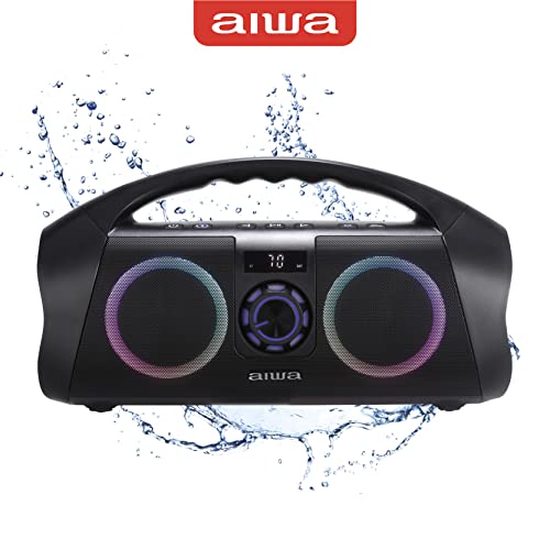 AIWA Portable Boombox - Waterproof Bluetooth Speaker, Rechargeable Wireless Boombox with Multi Color LED Lighting and Digital Display, AUX Input and Carry Handle, 15 Hour Playtime