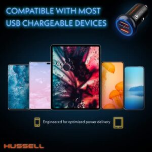 Hussell Car Charger Adapter for Cigarette Lighter - Fast Charge, Mini, Aluminum, Portable 3.0 Car Chargers with Dual USB Ports - Compatible with iPhone, Android, Samsung Galaxy - Stocking Stuffers