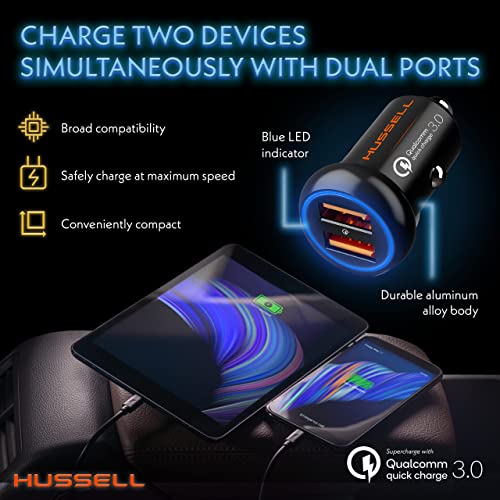 Hussell Car Charger Adapter for Cigarette Lighter - Fast Charge, Mini, Aluminum, Portable 3.0 Car Chargers with Dual USB Ports - Compatible with iPhone, Android, Samsung Galaxy - Stocking Stuffers