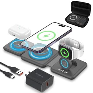 3MATIX 3 in 1 Wireless Charger, Fast Wireless Charging Pad, Travel Charger for Multiple Devices, Foldable 3 in 1 Wireless Charging Station Apple Compatible with iPhone 14/13/12, AirPods 3/2, iWatch