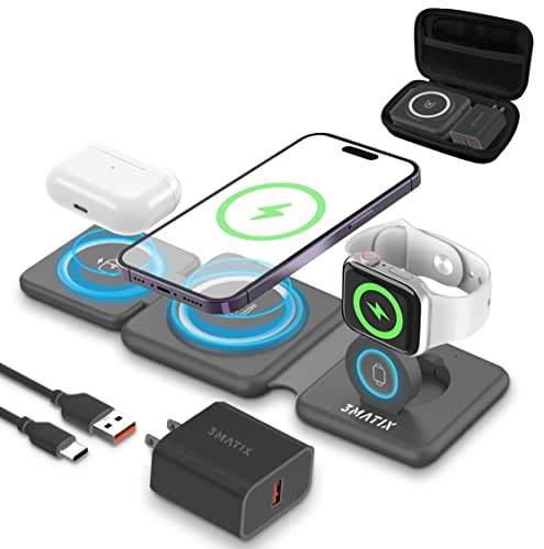 3MATIX 3 in 1 Wireless Charger, Fast Wireless Charging Pad, Travel Charger for Multiple Devices, Foldable 3 in 1 Wireless Charging Station Apple Compatible with iPhone 14/13/12, AirPods 3/2, iWatch