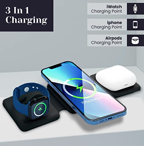 3MATIX 3 in 1 Wireless Charger, Fast Wireless Charging Pad, Travel Charger for Multiple Devices, Foldable 3 in 1 Wireless Charging Station Apple Compatible with iPhone 14/13/12, AirPods 3/2, iWatch