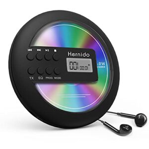 rechargeable portable cd player for car, hernido discman cd player with fm transmitter, 20 hours playtime personal compact disc cd player, usb cd walkman with headphones, anti-skip & resume playback