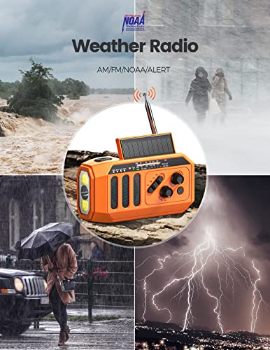 FORTECLEAR 5000mAh Hand Crank Solar Emergency Radio, 3W LED Flashlight/Reading Lamp Weather Radio, NOAA/AM/FM Portable Radio Indoor and Outdoor, SOS Alarm and Phone Charge, Survival Gear for Hurricane