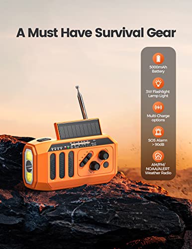 FORTECLEAR 5000mAh Hand Crank Solar Emergency Radio, 3W LED Flashlight/Reading Lamp Weather Radio, NOAA/AM/FM Portable Radio Indoor and Outdoor, SOS Alarm and Phone Charge, Survival Gear for Hurricane