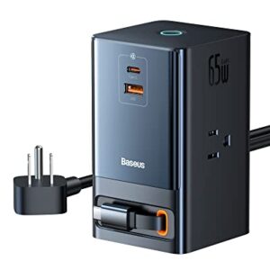 USB C Charger Baseus PowerCombo Tower 65W, 6-in1 Charging Station with Retractable USB-C Cable, 3 Outlets, USB A USB C Ports, Surge Protector Power Strip for MacBook, iPhone, Laptop, Multiple Devices