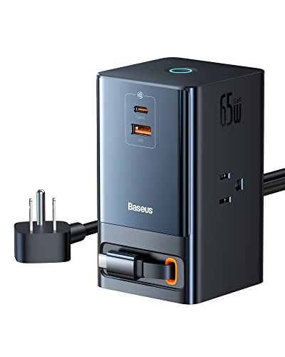 USB C Charger Baseus PowerCombo Tower 65W, 6-in1 Charging Station with Retractable USB-C Cable, 3 Outlets, USB A USB C Ports, Surge Protector Power Strip for MacBook, iPhone, Laptop, Multiple Devices