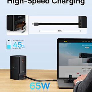 USB C Charger Baseus PowerCombo Tower 65W, 6-in1 Charging Station with Retractable USB-C Cable, 3 Outlets, USB A USB C Ports, Surge Protector Power Strip for MacBook, iPhone, Laptop, Multiple Devices