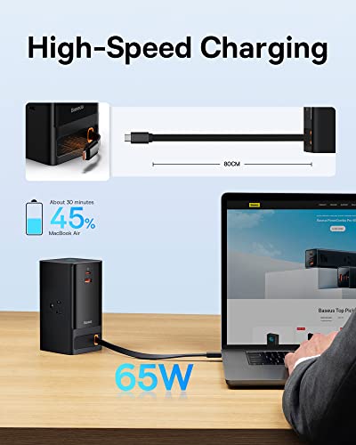 USB C Charger Baseus PowerCombo Tower 65W, 6-in1 Charging Station with Retractable USB-C Cable, 3 Outlets, USB A USB C Ports, Surge Protector Power Strip for MacBook, iPhone, Laptop, Multiple Devices