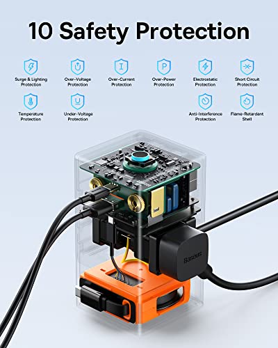 USB C Charger Baseus PowerCombo Tower 65W, 6-in1 Charging Station with Retractable USB-C Cable, 3 Outlets, USB A USB C Ports, Surge Protector Power Strip for MacBook, iPhone, Laptop, Multiple Devices