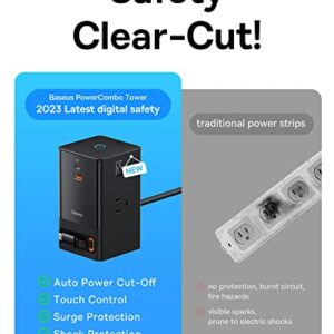 USB C Charger Baseus PowerCombo Tower 65W, 6-in1 Charging Station with Retractable USB-C Cable, 3 Outlets, USB A USB C Ports, Surge Protector Power Strip for MacBook, iPhone, Laptop, Multiple Devices