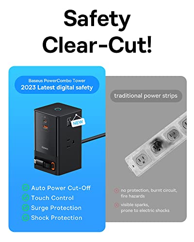 USB C Charger Baseus PowerCombo Tower 65W, 6-in1 Charging Station with Retractable USB-C Cable, 3 Outlets, USB A USB C Ports, Surge Protector Power Strip for MacBook, iPhone, Laptop, Multiple Devices