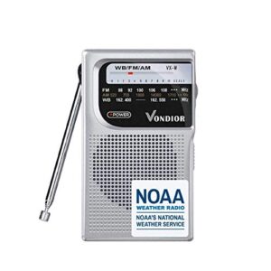 noaa weather radio – emergency noaa/am/fm battery operated portable radio with best reception and longest lasting transistor. powered by 2 aa battery with mono headphone socket, by vondior (silver)