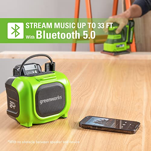 GreenWorks 24V Bluetooth Compact Speaker, AC/DC Wireless Portable Worksite Speaker, 2Ah Battery and Charger Included