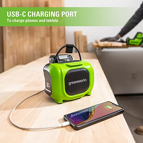 GreenWorks 24V Bluetooth Compact Speaker, AC/DC Wireless Portable Worksite Speaker, 2Ah Battery and Charger Included