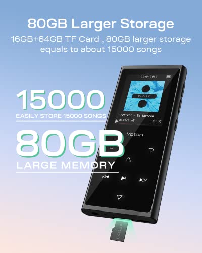 80GB MP3 Player with Bluetooth, YOTON Music Player with Speaker and 1.8'' Curved Screen, HiFi Sound, FM Radio, Voice Recorder, E-Book, Pedometer, Stopwatch, TF Card and Earphones Included