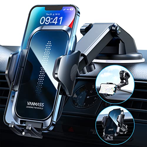 VANMASS 2023 Latest Upgraded Car Phone Holder Mount, [Super Suction & Stable] Phone Mount for Car Dashboard/Vent/Windshield, Car Phone Holder for iPhone 14/13/12/Pro/Max & Truck