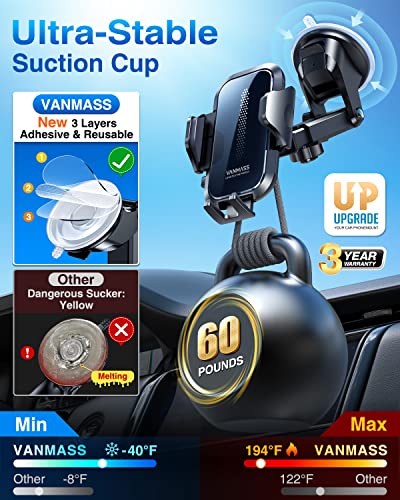 VANMASS 2023 Latest Upgraded Car Phone Holder Mount, [Super Suction & Stable] Phone Mount for Car Dashboard/Vent/Windshield, Car Phone Holder for iPhone 14/13/12/Pro/Max & Truck