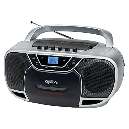 Jensen Stereo CD-590 Portable Bluetooth Home Audio CD/Cassette Boombox Digital Tuner AM/FM Radio Sound System, Top-Loading MP3 CD Player, Cassette Player/Recorder - Platinum Exclusive