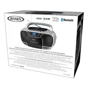 Jensen Stereo CD-590 Portable Bluetooth Home Audio CD/Cassette Boombox Digital Tuner AM/FM Radio Sound System, Top-Loading MP3 CD Player, Cassette Player/Recorder - Platinum Exclusive